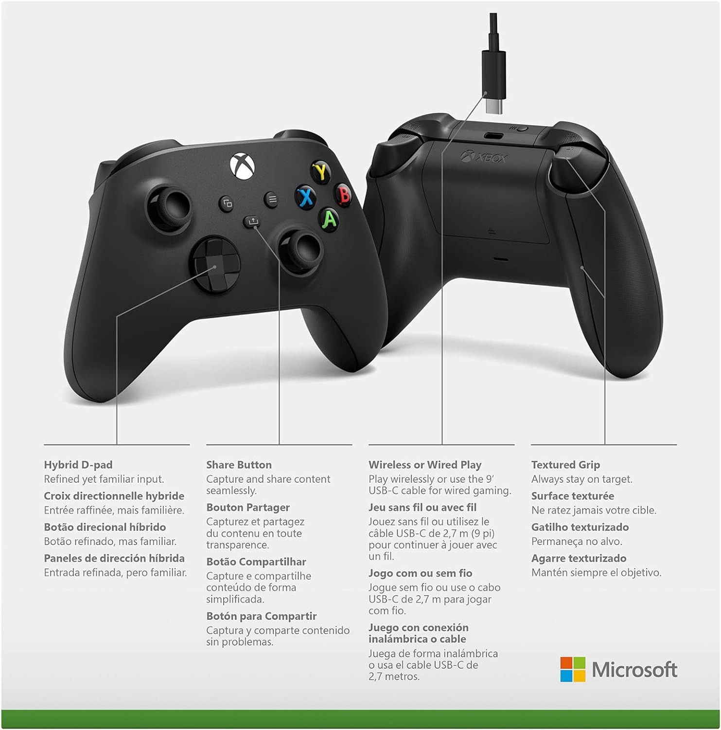 Manette sans fil Carbon Black pour Xbox et PC avec Câble USB-C - PCPORTABLE